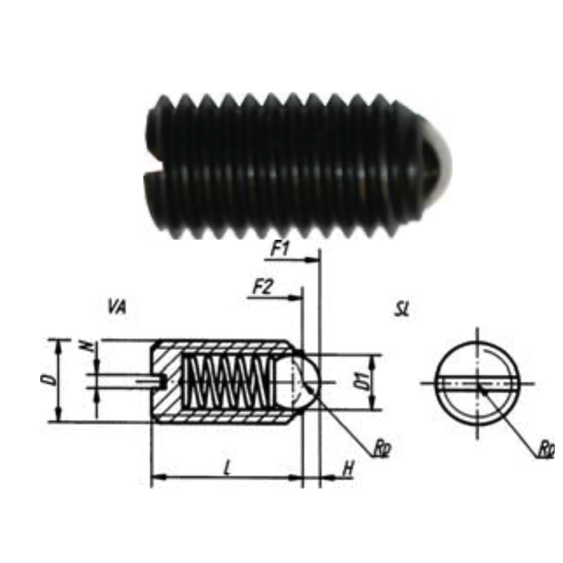 Pressore a molla filettato con sfera e intaglio a giravite e spinta ...
